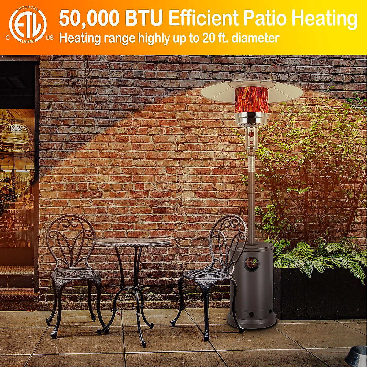 Hykolity 50,000 BTU Propane Patio Heater, Stainless Steel Burner, Triple Protection System, Wheels, Outdoor Heaters for Patio, Garden, Commercial and Residential, Brown