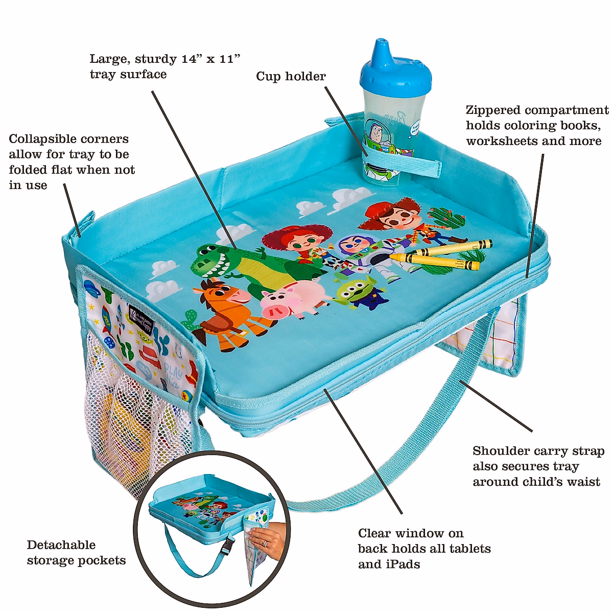J.L. Childress Disney Baby 3-in-1 Travel Tray & iPad Tablet Holder - Car Seat Lap Tray for Toddlers, Kids - Use on Airplanes, Road Trips, Lap Desk - Tablet Holder and Carry Bag - Toy Story