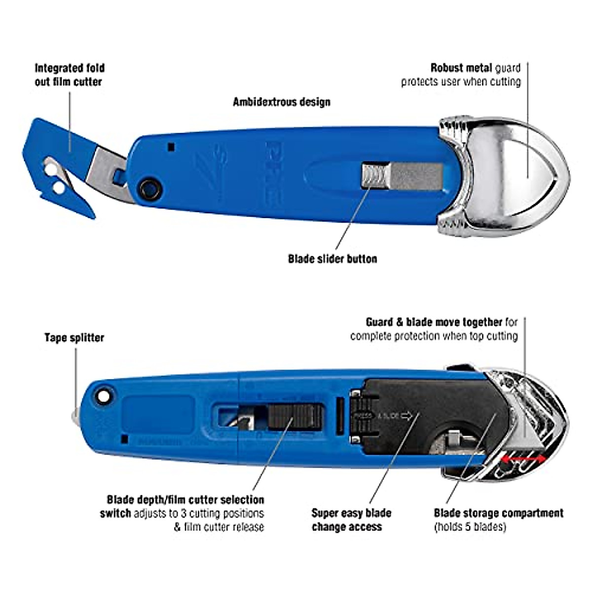 Pacific Handy Cutter S7 Safety Cutter, 3-in-1 Self-Retractable Utility Knife with Fold-Out Film Cutter, Bladeless Tape Splitter, Guard for Safety & Damage Prevention , Blue