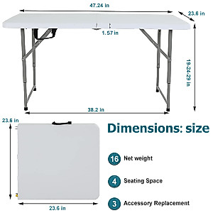 Pazidom 4FT Folding Table, Height Adjustable Table, Heavy Duty Plastic Table Portable Fold-in-Half Utility Table w/Handle & Lock for Camping BBQ Party Banquet Wedding Market Events, 330LBS