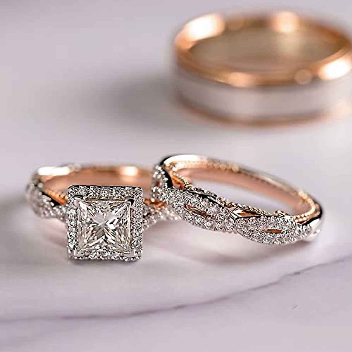 HengSun Promise Rings for Couples Set, 3 pc His and Her Wedding Ring Set, Hypoallergenic Rose Gold Imitation Diamond Ring Set, Cubic Zirconia CZ Bride Promise Rings Set, Size 6-10 (8)