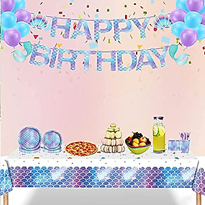 UOMNICUE Mermaid Tablecloth 2PCS Mermaid Theme Birthday Tablecloth Mermaid Disposable Plastic Tablecloth Party Supplies for Kids Girls Birthday Party Decorations Baby Shower 52X87 in