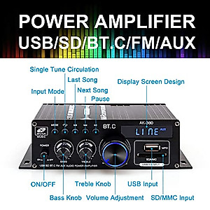 AK-380 Bluetooth Amplifier with Remote Control Function, 2.0 Bluetooth Amplifier Supports Bluetooth/USB/AUX/RCA Input and FM Radio Function (with 12V/5A DC Power Supply)