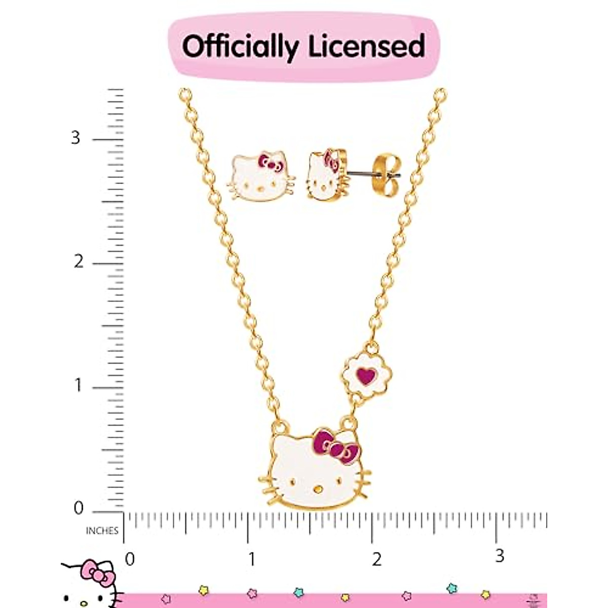 Hello Kitty Sanrio Girls Jewelry Set - Flash Plated 18+3 Necklace and Stud Earrings Officially Licensed
