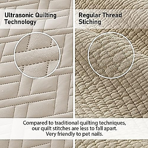 Qucover California King Beige Bedspreads, 3-Pieces Ultrasonic Quilting Geometric Pattern Soft Microfiber 120 x 118 Oversized King Quilt, Extra Width Cal King Bedspread Oversized, Beige