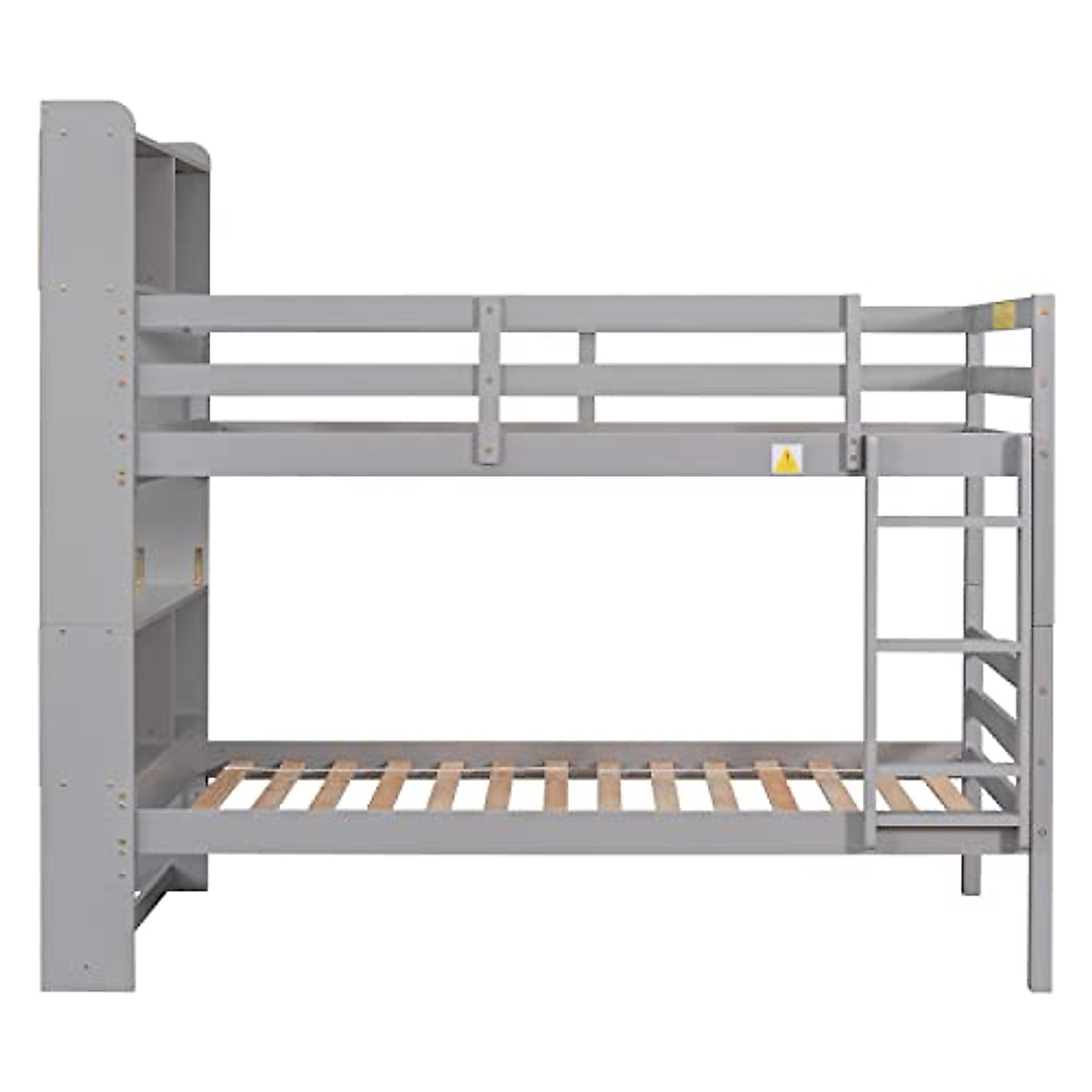 Twin Over Twin Bunk Beds, Wood Bunk Bed with Bookcase Headboard, Solid Wood Bed Frame with Safety Rail and Ladder, Kids/Teens Bedroom, Guest Room Furniture, Can Be converted into 2 Beds, Grey