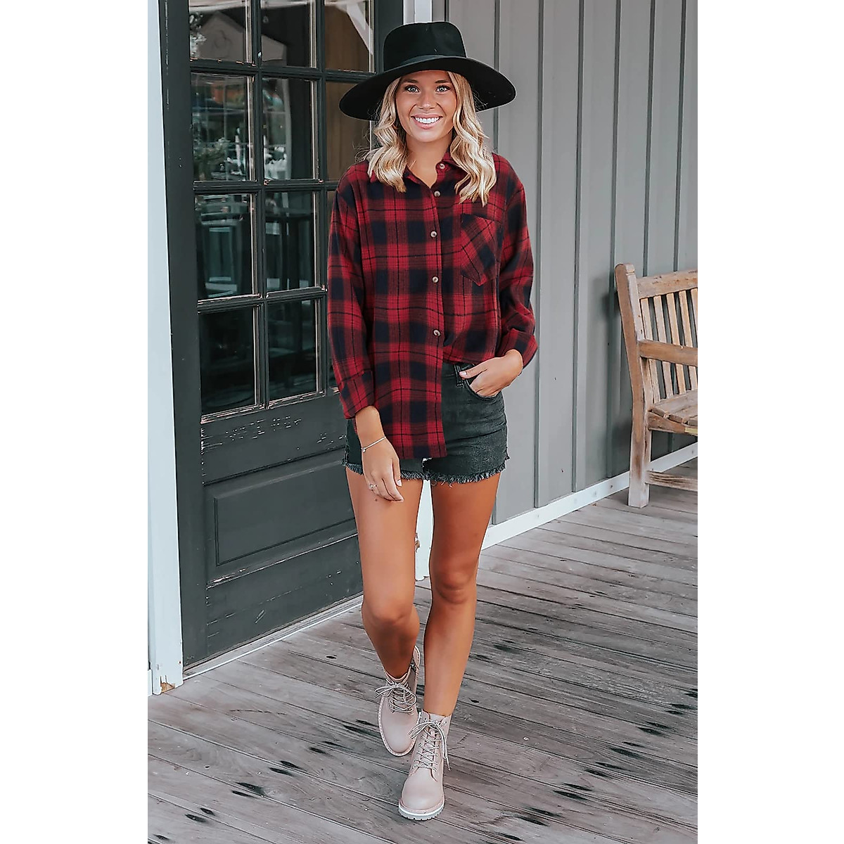 Wenrine Womens Long Sleeve Button Down Shirt Casual Plaid Flannel Shirt Collared Blouse Tops