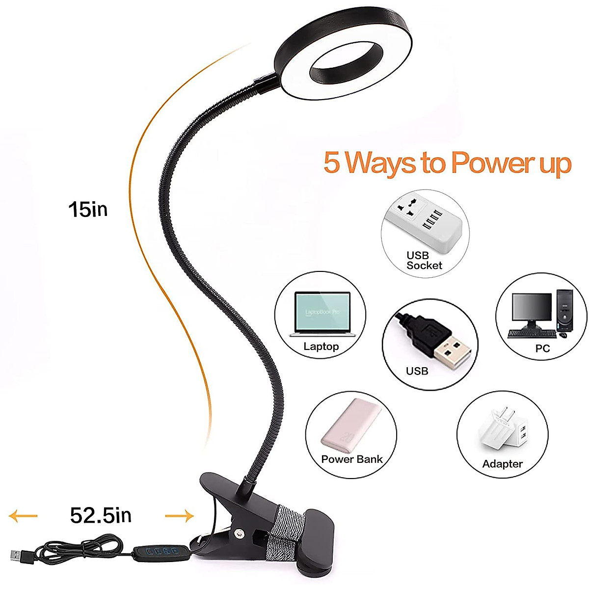 Brokimis Clip on Light LED Reading Book Study Lamp 3 Color Modes 10 Brightness Eye Protection 360° Flexible Gooseneck Student Dormitory Office Desk Lamp at Night in Bed