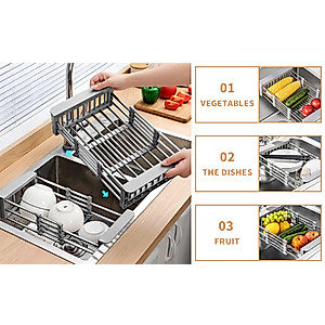 NANGAO Over The Sink Drain Strainer Basket Stainless Steel Small Drying Rack Collapsible Colander for RV Camper, Expandable Fruits Vegetables Bottle Washing Basket Kitchen Gadgets