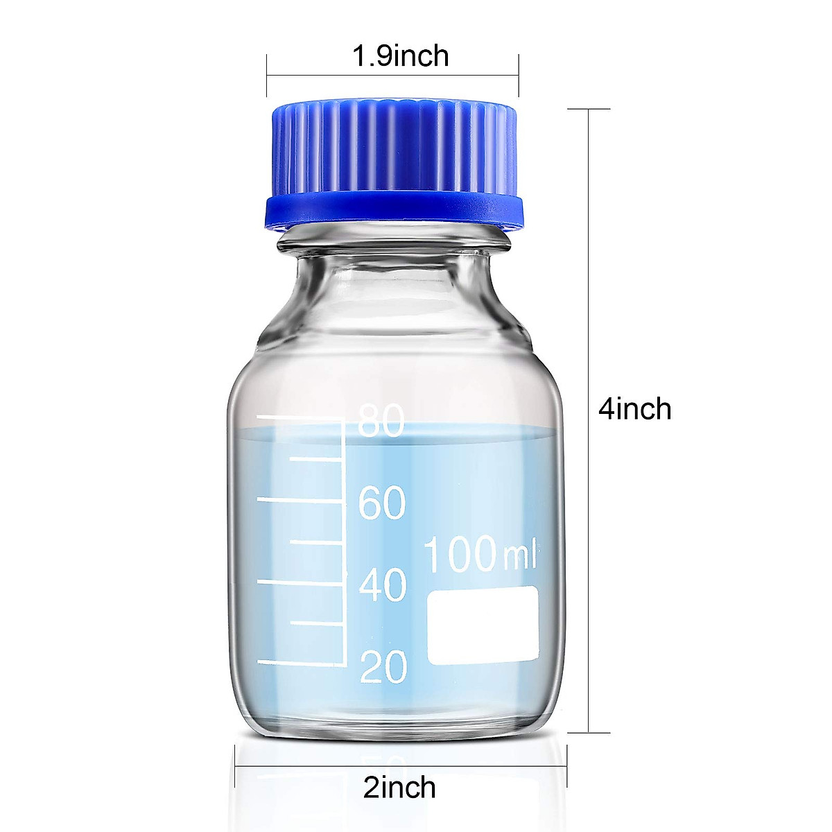 Patelai 4 Pieces Round Media Storage Bottles Storage Glass Bottles Borosilicate Media Glass Bottles with GL45 Blue Screw Cap for Lab Water Reagent Liquids (100 ml)