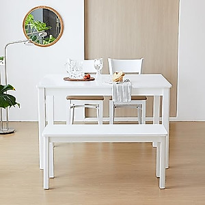 Livinia 4 Piece Cabin Wooden Dining Room Table Set with 2 Ladder Back Chairs and Bench (White)