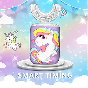 Kids Electric Toothbrush, Unicorn Sonic U Shaped Rechargeable Automatic Toothbrushes IPX7 Waterproof 6 Modes Smart Timer 360° Oral Cleaning with Replacement Brush Heads for Child Age 2-6 (1. Purple)