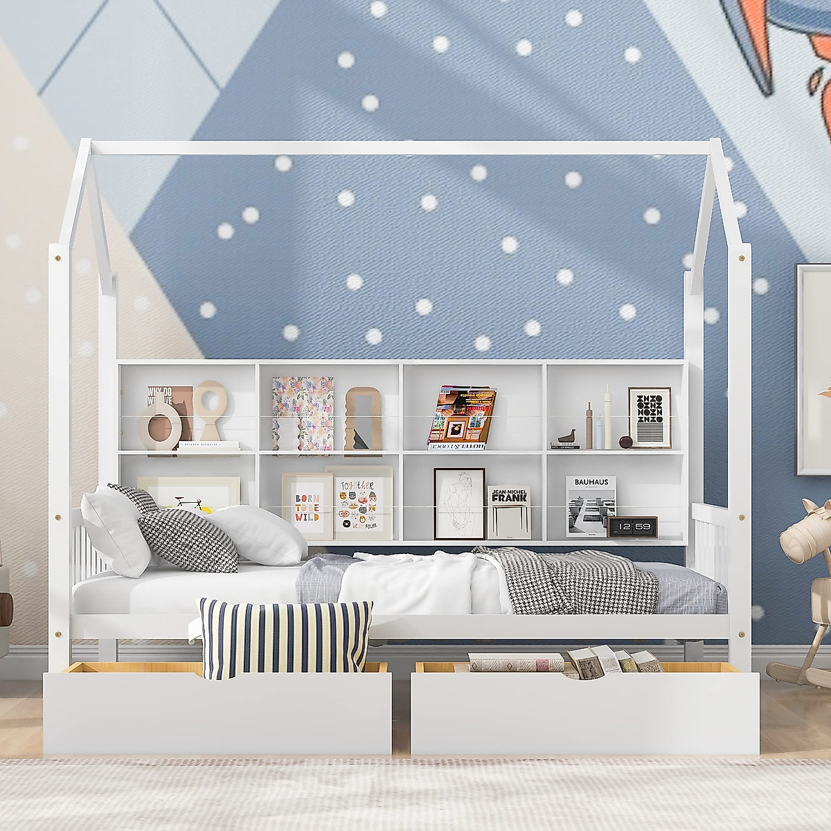 Wooden Twin Size House Bed with 2 Drawers for Boys Girls Kids Toddler,Kids Bed with Storage Shelf, White