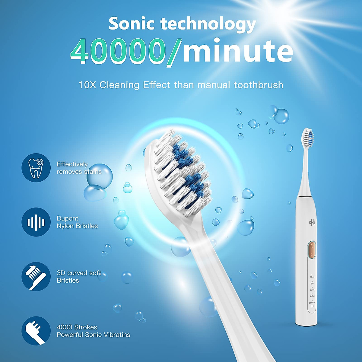 KHS Sonic Electric Toothbrush for Adults and Kids with 4 Brush Heads 5 Modes Rechargeable Toothbrushes with 2 Mins Smart Timer(Off-White)