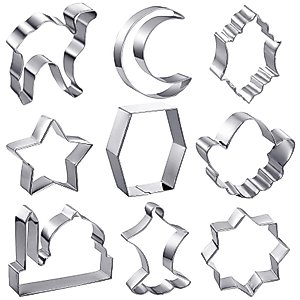 9 Pieces Eid Mubarak Cookie Cutters Eid Ramadan Biscuit Molds DIY Biscuit Cutters Stainless Steel Fondant Cutters with Lantern Camel Moon Design for Eid Mubarak Holiday Party Supplies