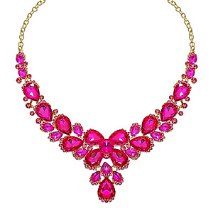 QYJ Women’s Wedding Bridal Austrian Crystal Glass Teardrop Statement Necklace Dangle Earrings Bracelet Ring Wedding Party Jewelry Set for Bridal Bridesmaid (Pink-Gold Plated)