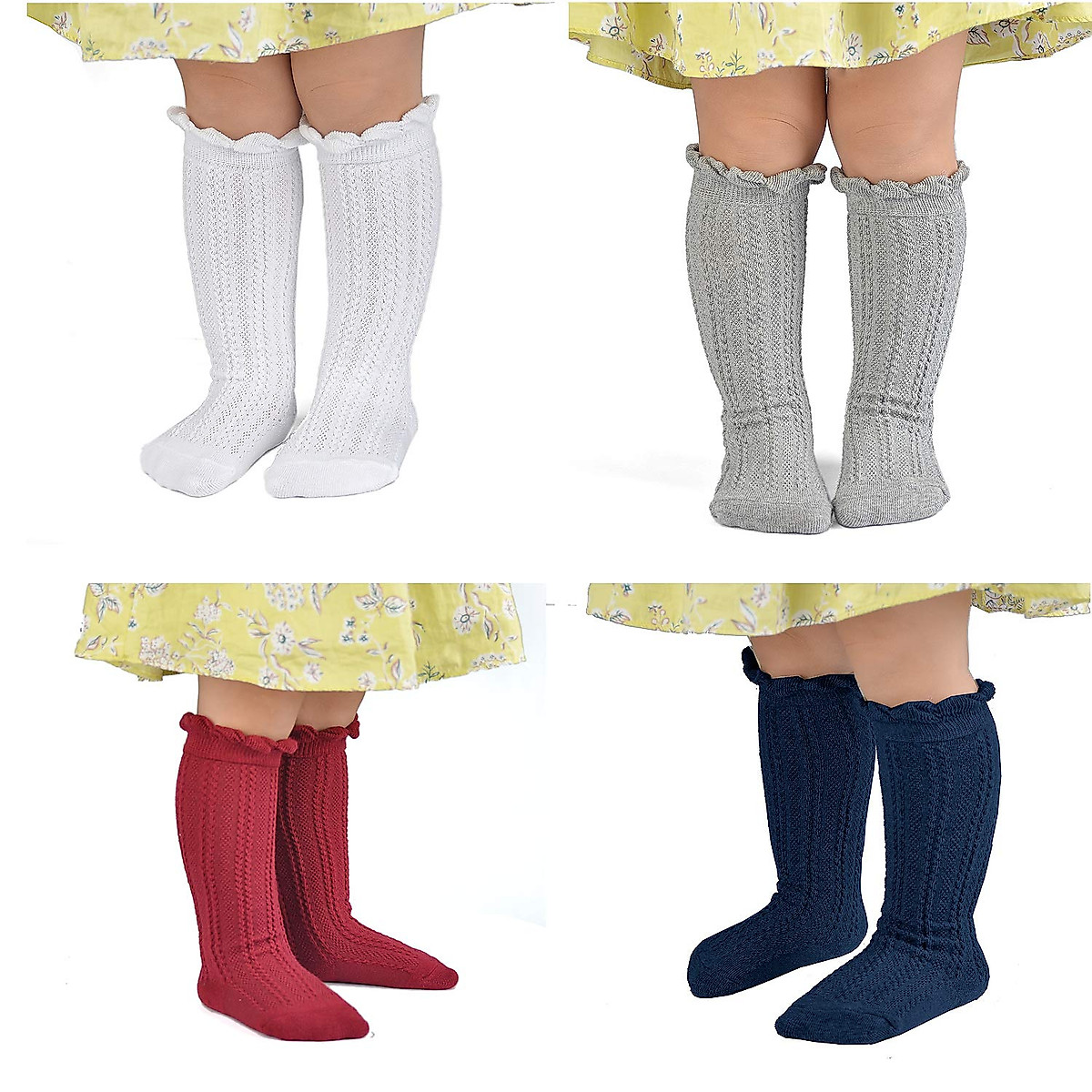 EPEIUS 5 Pairs Little Girls Cotton Uniform Knee High Socks Kids Boys Tube Ruffled Stockings for 6-8 Years,White/Grey/Navy/Yellow/Wine Red