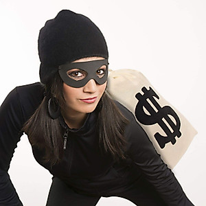 YAROMO 4 Pieces Robber Costume Set, Include Canvas Dollar Sign Money Bags Bandit Eye Mask Knit Beanie Cap for Halloween Cosplay Burglar Theme Party