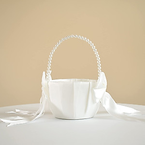 ATAILOVE Wedding Flower Girl Basket with Cute Pearl Handle Bowknot Satin Flower Baskets for Wedding Ceremony - Ivory