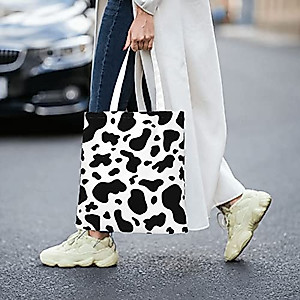 Cow Print Canvas Tote Bag For Women, Reusable Open Book Shopping Bags Aesthetic Tote Handbag Grocery Bags For Women Teacher Mother As Gifts