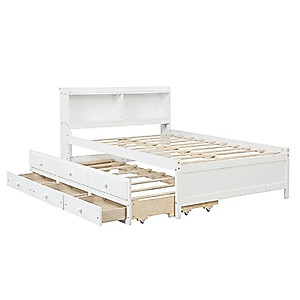 Bellemave Full Bed with Trundle & Storage Drawers Wood Captain's Bed Frame with Bookcase Headboard & Slat Support for Kids Boys Girls Teens, Full Size, White
