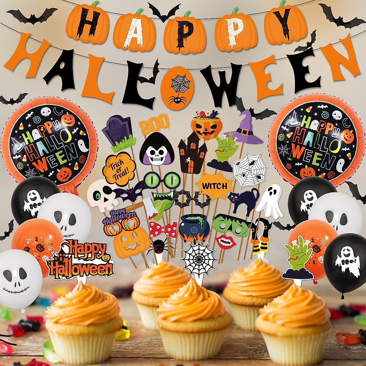 Halloween Party Balloons Banner Supplies Set,include Cupcake Toppers,Selfie Photo Props,Halloween Banner,Bat Wall Stickers,Black Orange Foil Latex Balloons,72Pcs Halloween Theme Party Decorations