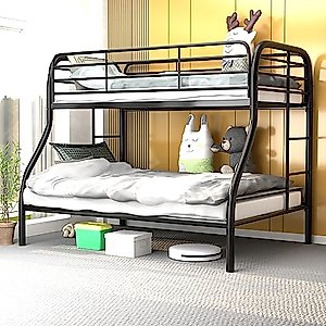 Reemoon Metal Bunk Bed, Twin Over Full Size Beds with Two Side Ladders & Safety Guard Rail, Space-Saving Design, Noise-Free, Black