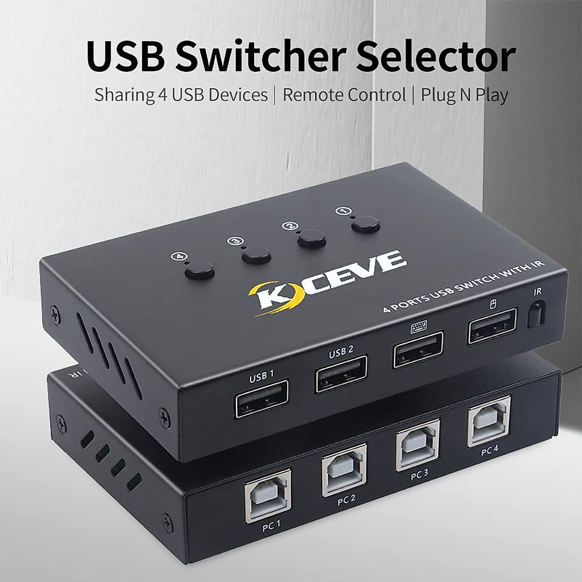 USB Switch Selector 4 Port, KCEVE 4 in 4 Out USB HUB Switch for 4 Computers Sharing 4 USB Devices for Mouse, Keyboard, Scanner, Printer, with Remote Control and 4 USB Cables
