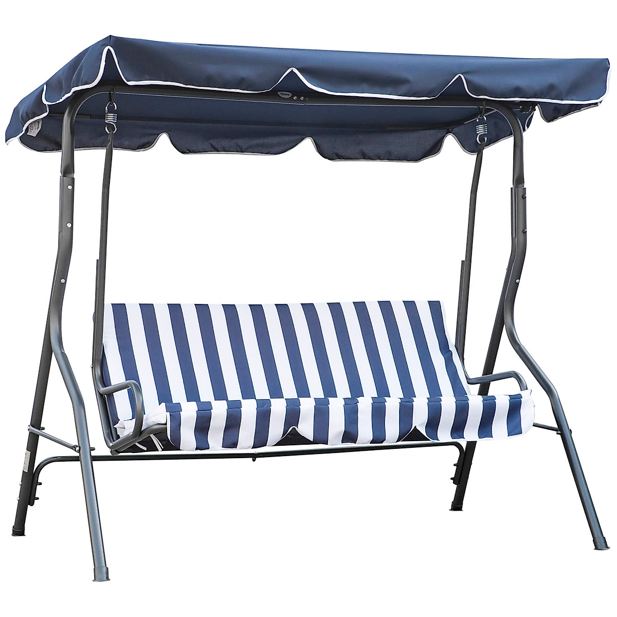 Outsunny 3-Person Patio Porch Swing with Adjustable Canopy for Adults, Steel Frame, Seat & Backrest Cushion, Armrests, Dark Blue & White Striped