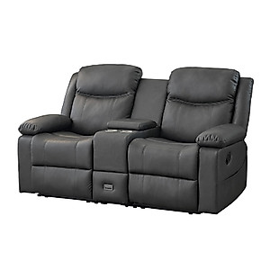 PALLOME Loveseat Recliner Sofa, PU Leather Loveseat Recliner, Manual Recliner Loveseat with Console, Double Recliner RV Sofa with Cup Holders and Side Pocket for Living Room/Office/Apartment (Grey)