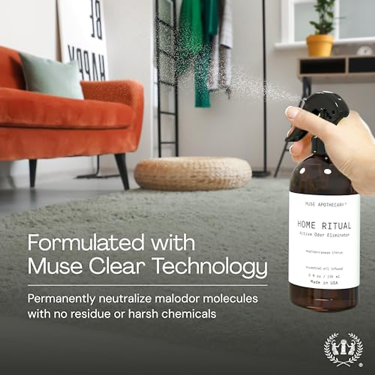 Muse Apothecary Home Ritual Active Odor Eliminator Spray - Furniture Deodorizer & Bathroom Odor Eliminator - Essential Oil Air Freshener - 4oz, Mediterranean Citrus