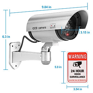 Fake Camera, FITNATE Dummy Camera CCTV Surveillance System with LED Red Flashing Light with 4 Safety Warning Stickers, Fake Security Camera for Outdoor & Indoor Use (4 Packs, Silver)