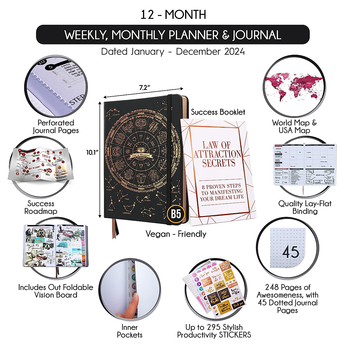Law of Attraction Planner 2024 - Dated 2024 Planner, Hourly Planner, Daily Planner, Weekly Planner & Monthly Planner, Gratitude Journal, Positive Habit Maker, Vision Board, Stickers & Gift Box