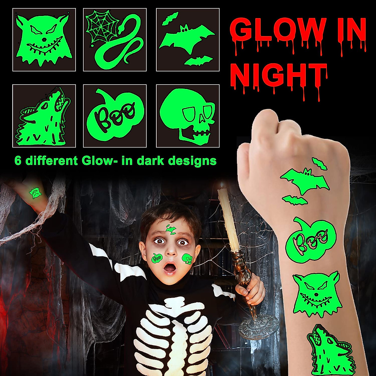 WAVEJOE 180pcs Assorted Halloween Tattoos, 30 Designs Including 36 Glow in The Night Children Tattoos Halloween Trick or Treat Ghost Monster Pumpkin Tattoos