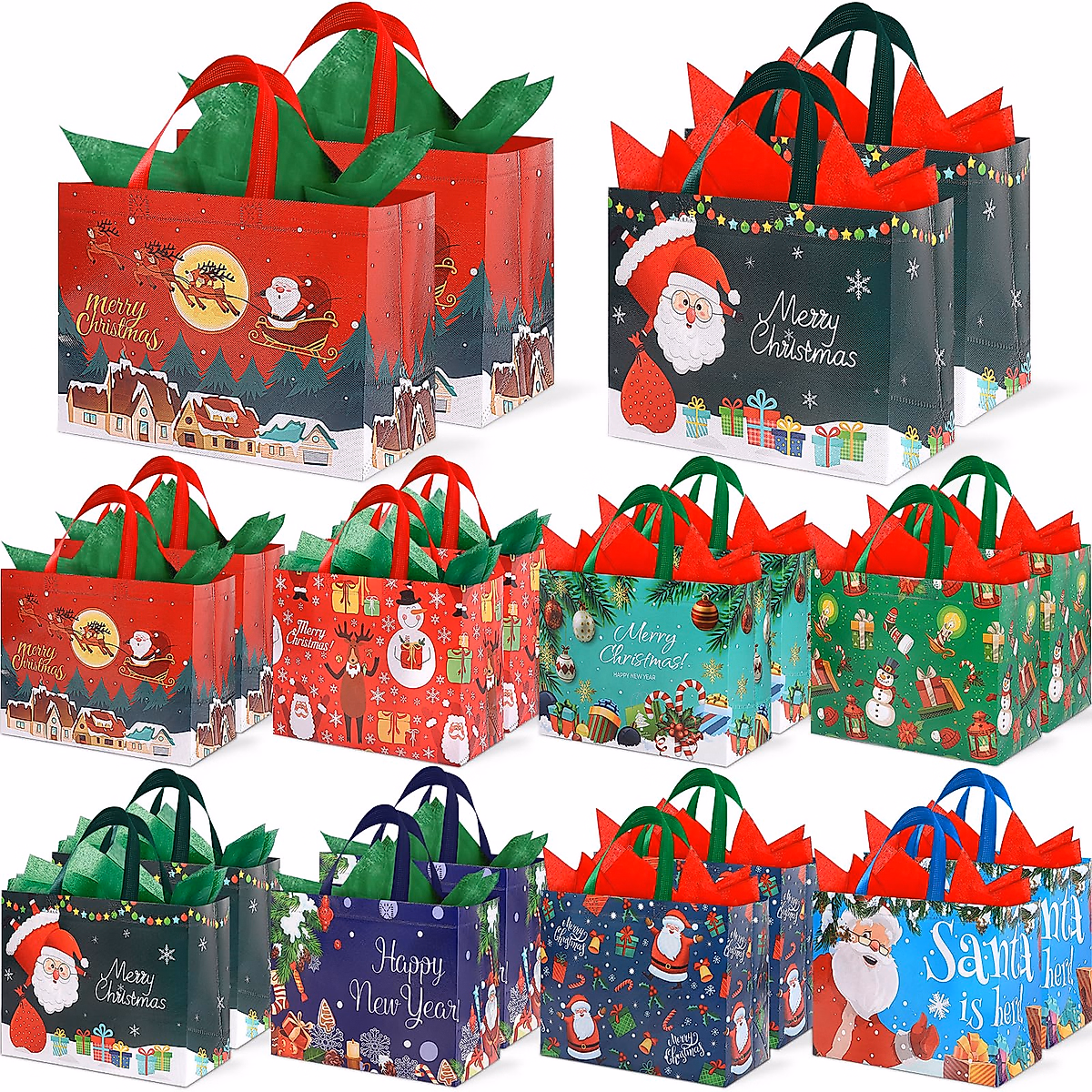 Miucat 16 Pack Large Christmas Gift Bags with Tissue Paper, Reusable Xmas Gift Bags With Handle Christmas Bag Bulk Non-Woven Holiday Gift Bags Christmas Treat Baskets Party Supplies 12.8"×9.8"×6.7"