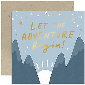 Old English Co. Let The Adventure Begin Good Luck Card for Him Her - Well Done New Job, Graduation, Leaving, Retirement, Moving Card - Gold Foil Mountain Design | Blank Inside with Envelope