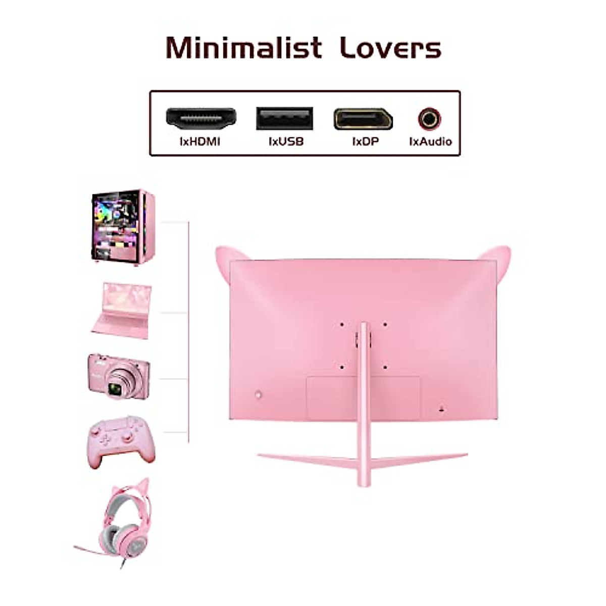 FYHXele FY27QHP Pink Monitor 27 Inch Curved Gaming 165Hz - Support 144Hz 1800R 1ms QHD 2560 x 1440P VA Screen, Built-in Speakers, AMD Free-Sync, HDMI, DP, USB, AUX, Tilt Adjustable