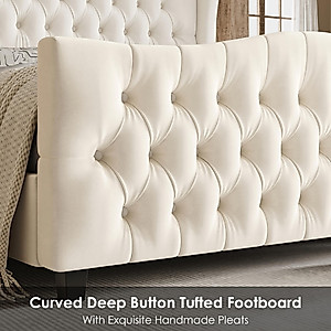 Keyluv Queen Size 54.3” Tall Platform Bed Frame with Deep Button Tufted Wingback Headboard and Footboard, Velvet Upholstered Bed Frame with Handmade Pleats, No Box Spring Needed, Beige/Cream