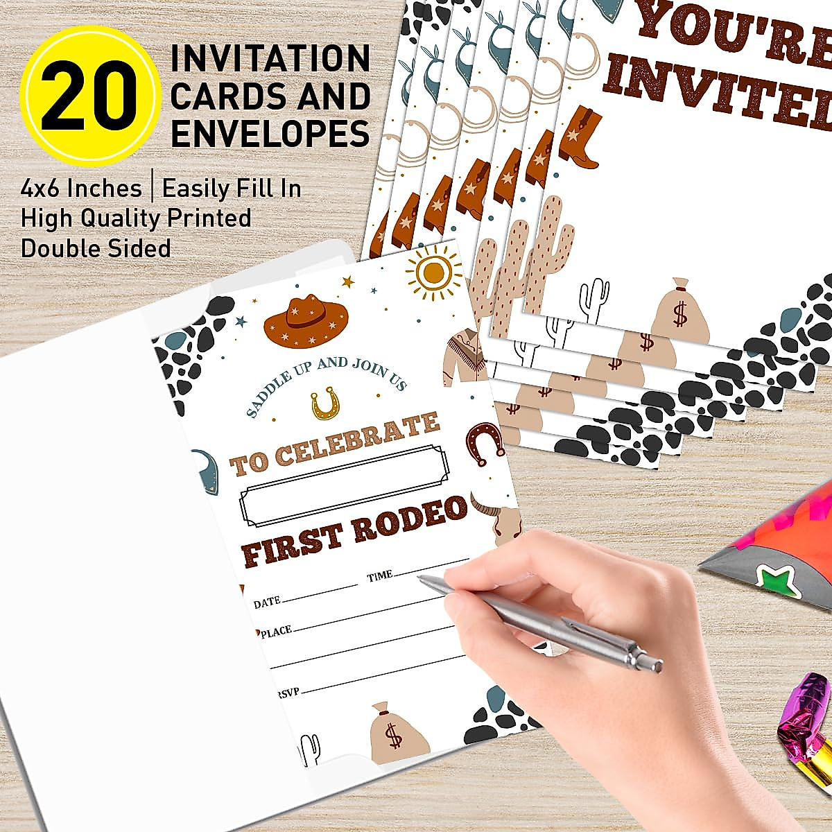 UDNADKEX First Cowboy Birthday Invitations with Envelopes, Invites for 1st Birthday Party Country Western, Wild West Birthday Party Invitations Cards, First Rodeo, 4"x6" Set of 20