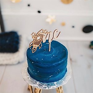 Space One Cake Topper, 1st Boy and Girl Rocket Birthday Decorations, Rustic Chic First Trip Around The Sun Birthday Party Decor - Wooden