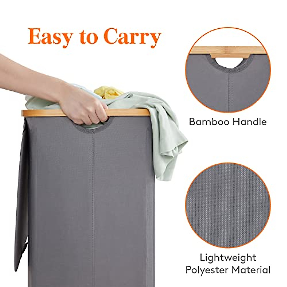 Lifewit 100L Basket with Lid, Clothes Hampers with Bamboo Handles and A Removable Bag, Large Foldable Hamper for Bedroom, Bathroom, Dorm, Laundry Room, Grey