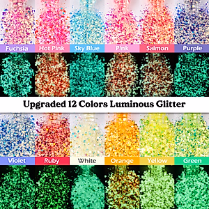 Glow in The Dark Glitter, LET'S RESIN 12 Colors Luminous Chunky Glitter, 0.42oz/Bottle High Luminance Glitter, Chunky Glitter for Resin, Nail, Slime, Tumblers, Halloween