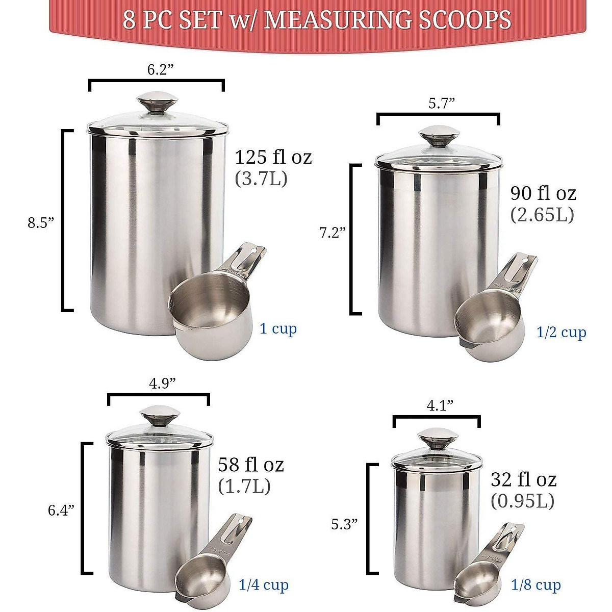 Kitchen Canister Set - Airtight Stainless Steel Canisters with Glass Lids - Clear See-Thru Top - Containers Set for Kitchen - Ideal for Food, Flour, Sugar, Coffee, Tea & Pantry Storage (8 Piece Large)