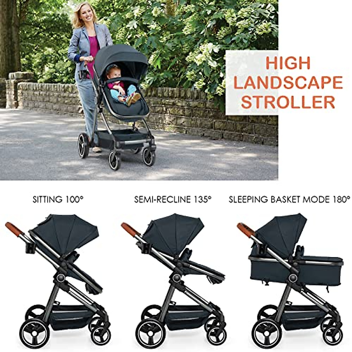 INFANS 2 in 1 High Landscape Convertible Baby Stroller, Newborn Reversible Bassinet Pram, Foldable Pushchair with Adjustable Canopy, Aluminum Structure, 5-Point Harness for Infant & Toddler (Black)