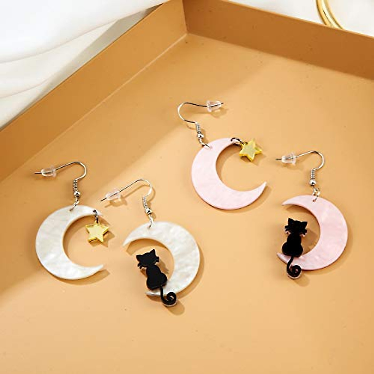 Black Cat on the Moon Dangle Earrings Acrylic Star Earrings Animal Lovely Women Jewelry-Pink