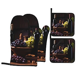 Mount Hour 4-Piece Set Oven Mitts and Potholders, Vintage Grapes Baking Glove and Pot Holder for Cooking BBQ