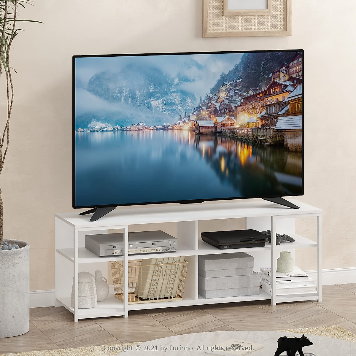 Furinno Camnus Modern Living Entertainment Center Stand with Metal Frame Support for TVs up to 65 Inch, Solid White/White