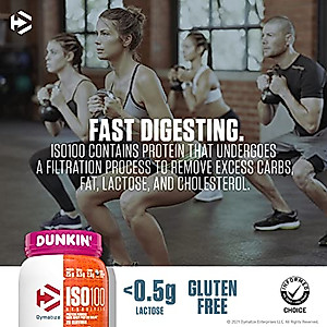 Dymatize ISO100 Hydrolyzed 100% Whey Isolate Protein Powder in Dunkin' Cappuccino Flavor, 25g Protein, 95mg Caffeine, 5.5g BCAAs, Gluten Free, Fast Absorbing, Easy Digesting, 21.5 Oz
