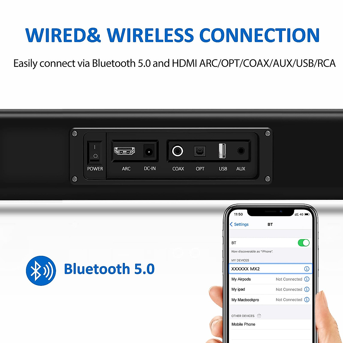 WITSHOCK Sound Bar Soundbar TV Speaker: Surround System Home Theater with Built-in Subwoofer Wireless Wired Bluetooth 5.0 Optical AUX HDMI-ARC RCA USB Connectivity for Television - Mountable