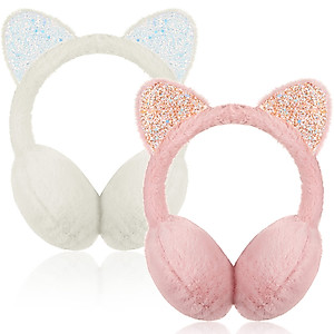 Henoyso 2 Pcs Cute Animal Earmuffs Winter Kids Earmuff Warm Fluffy Cat Ear Earmuffs for Girls Boys Kids Children Outdoor (Pink, White)